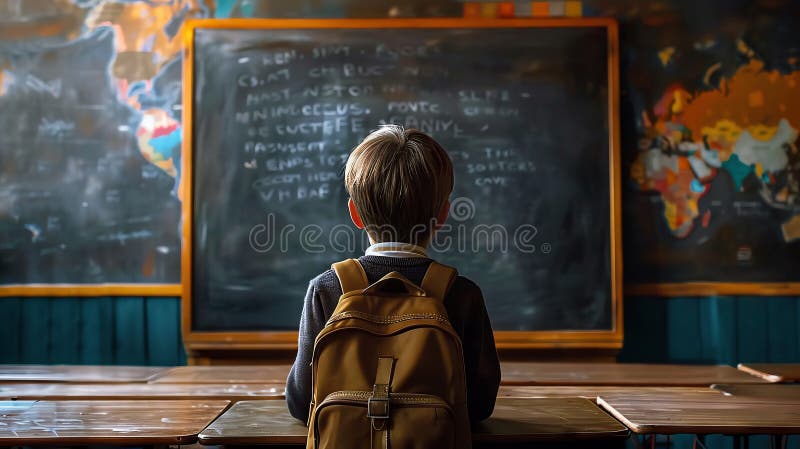 A Young Student Sits in Front of a Blackboard in a Rustic Classroom ...