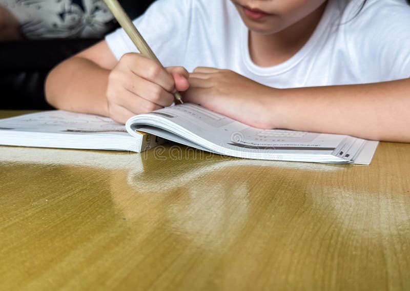 A Young Student Sits at a Wooden Desk Working on Basic Math Exercises, Steadily Developing ...