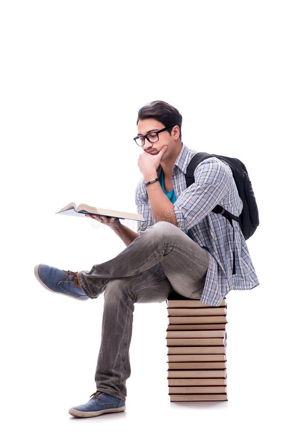 The Young Student Sitting on Top of Book Stack on White Stock Image ...