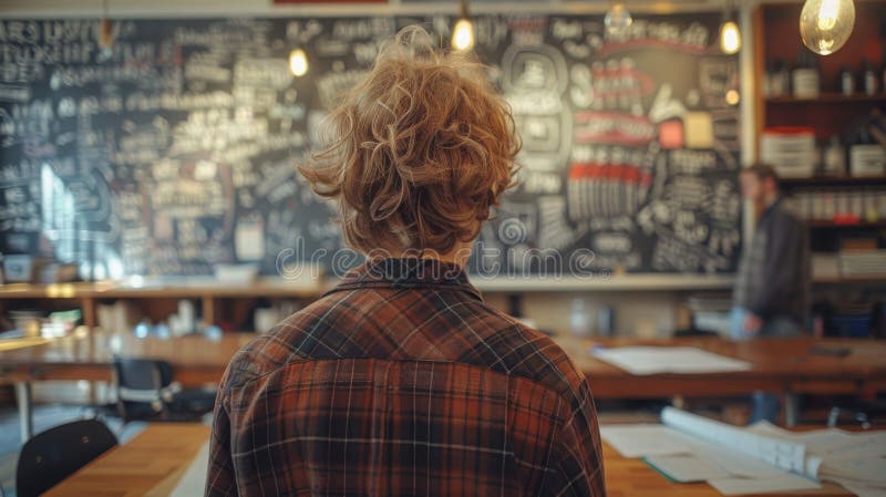 Young Student Solving Math Problems in a Busy Class with Chalkboard ...
