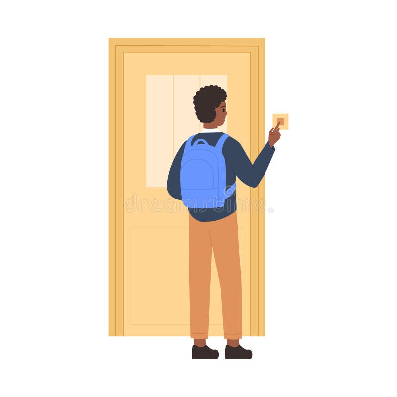 Young Student Standing in Front of Closed Door, Pressing Doorbell, Rear ...