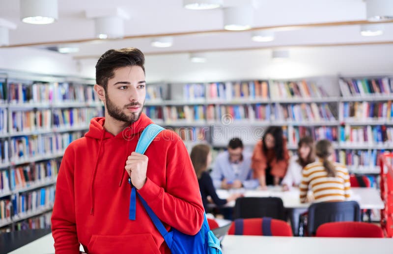 The Student Uses a Laptop and a School Library Stock Image - Image of ...