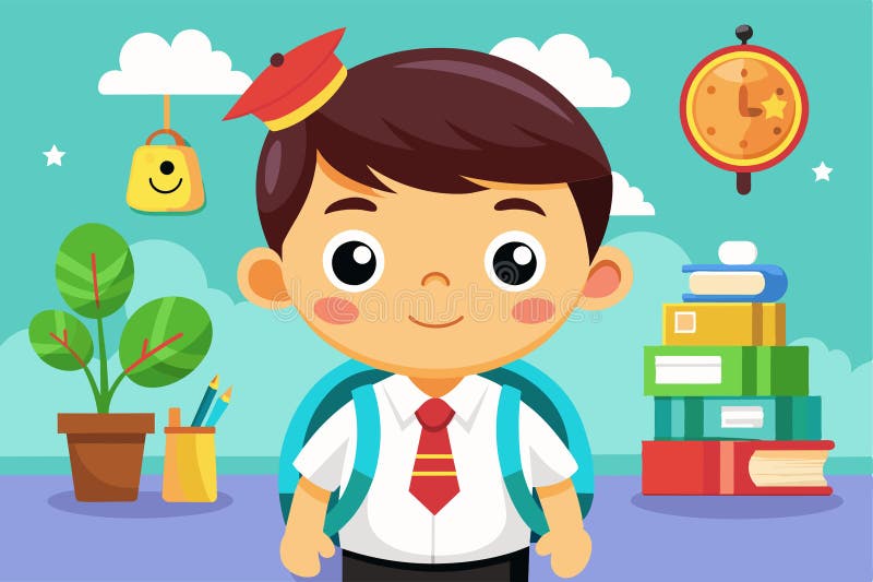 A Young Student Stands Happily in a Bright Classroom, Excited for ...