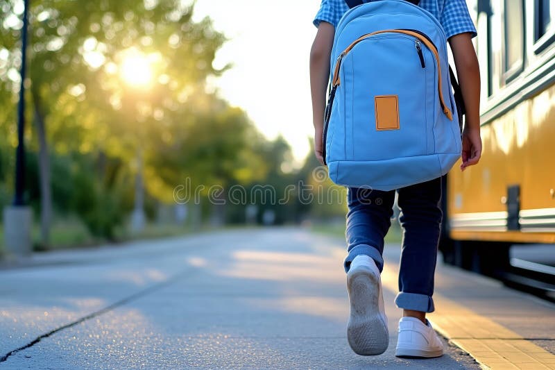 A Student Walks Towards School with a Bright Blue Backpack at Sunrise ...
