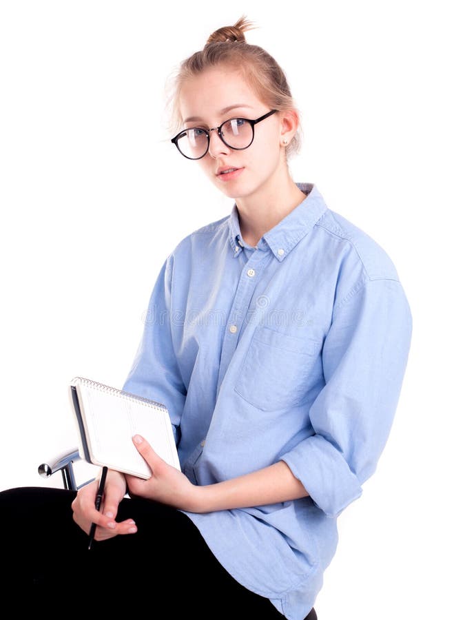 Young Student Take Interview Holding Notepad and Pen Isolated Stock ...