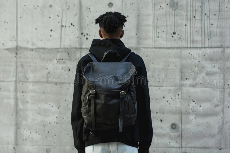 Young Student Wearing Black Leather Backpack Standing Against Concrete ...