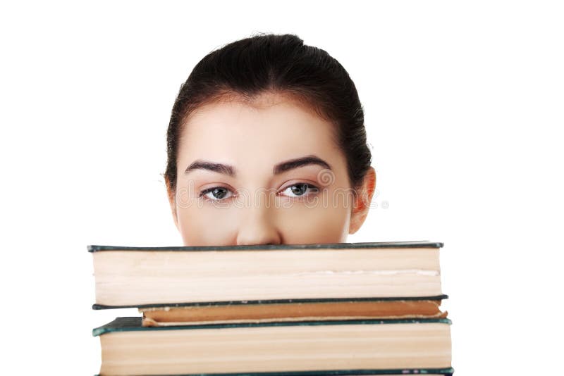 Young Student Woman Hiding Behind Books Stock Image - Image of looking ...