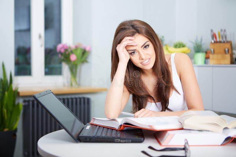 Young Student Woman with Lots of Books Studying Stock Image - Image of ...