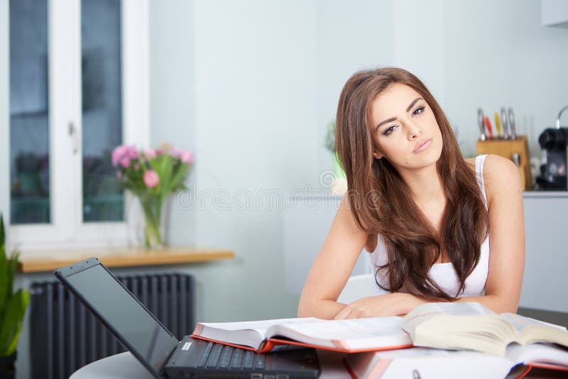 Young Student Woman with Lots of Books Studying Stock Image - Image of ...