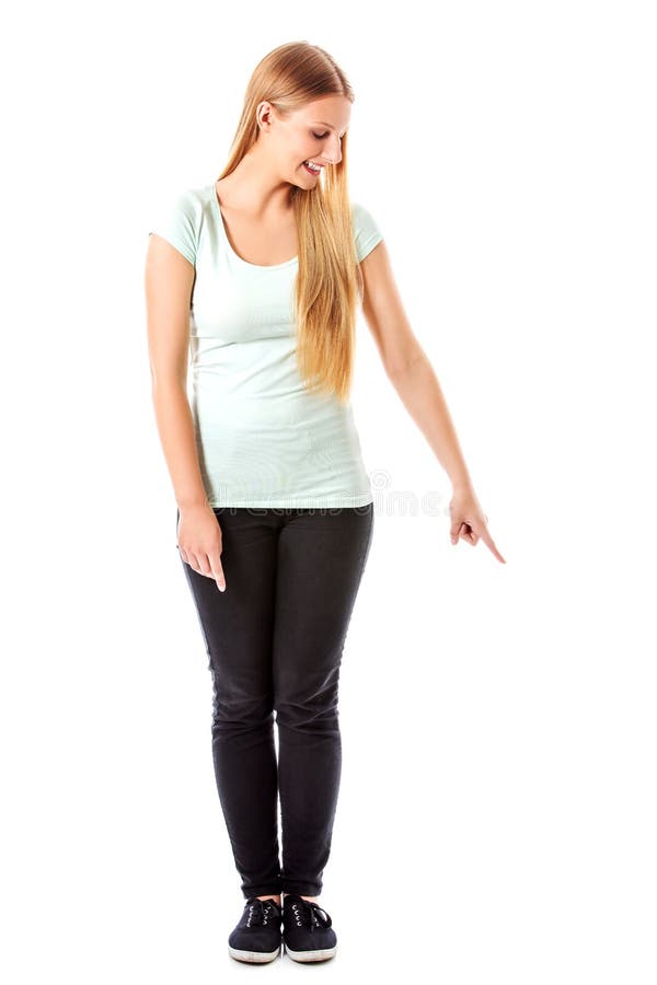 Young Student Woman Pointing Down. Stock Image - Image of studio ...