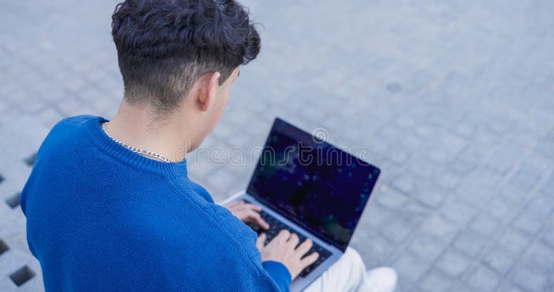 Young Student Working Laptop Outdoors Over Shoulder View Stock Photos ...