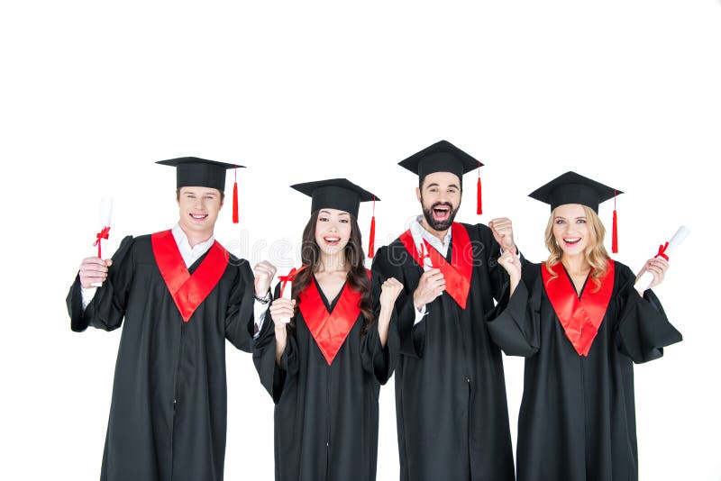 Young Students in Academic Caps Holding Diplomas and Smiling at Camera ...