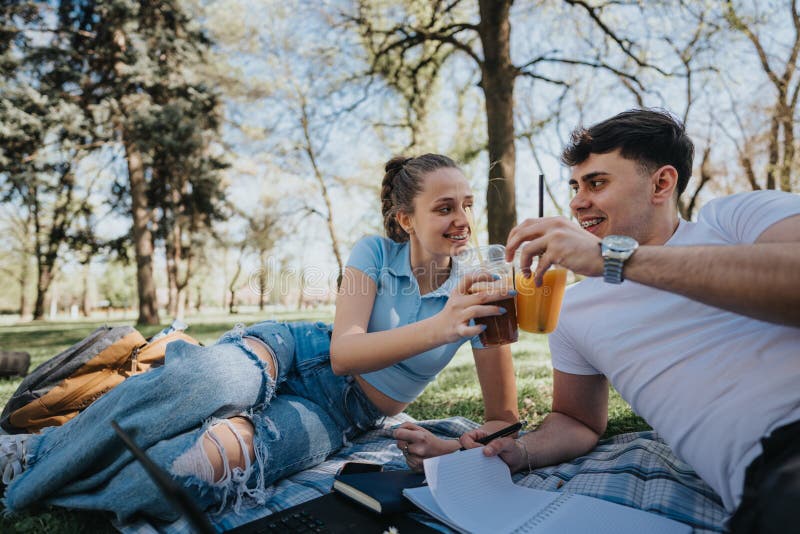 Young Students Enjoy a Refreshing Drink while Studying in the Park ...