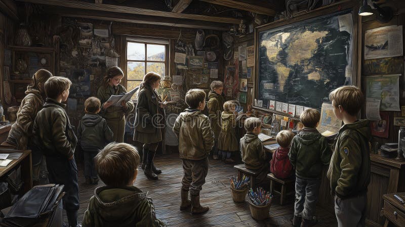 Young Students Learning Geography in Classroom with World Map Stock ...