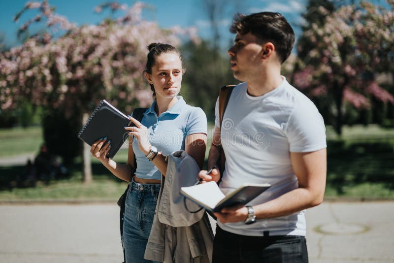 Young Students with Notebooks Discussing Homework in a Sunny Urban Park ...