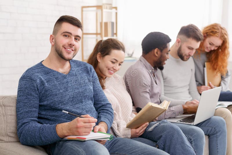 Young Students Preparing for Exam, Sitting on Sofa Stock Image - Image ...