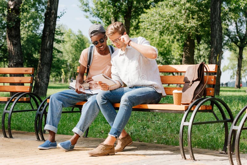 Young Students Sitting on Bench and Studying in Park Together Stock ...