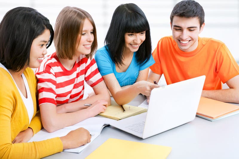 Group of Three Happy Teenagers Studying Stock Image - Image of cheerful ...