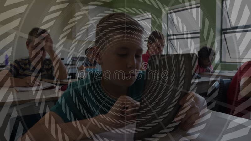 Young Students Using Tablets in Classroom with Swirling Pattern Overlay ...