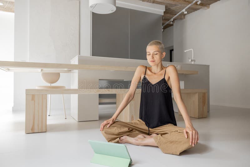 Woman Practising Yoga at Home Stock Photo - Image of floor, comfortable ...