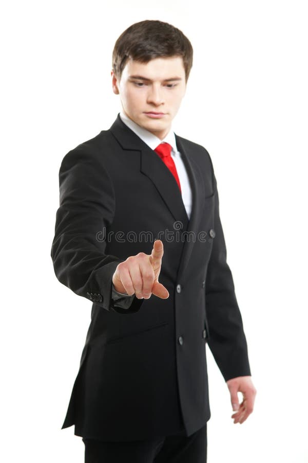 Young Man Pressing / Pushing Button Stock Image - Image of casual ...