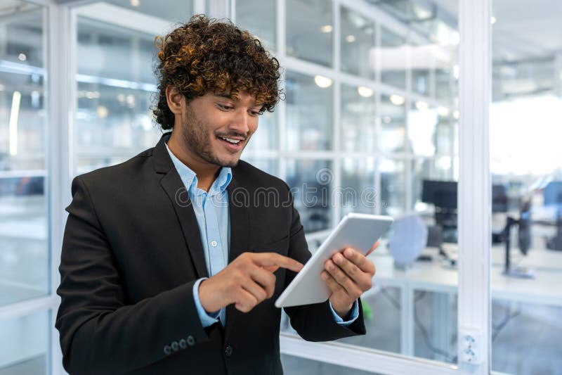 Young Successful Businessman with Tablet Computer , Smiling Hispanic ...