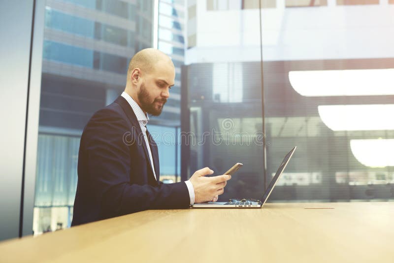 Young Successful Man Manager is Reading Message on Cellphone Stock ...