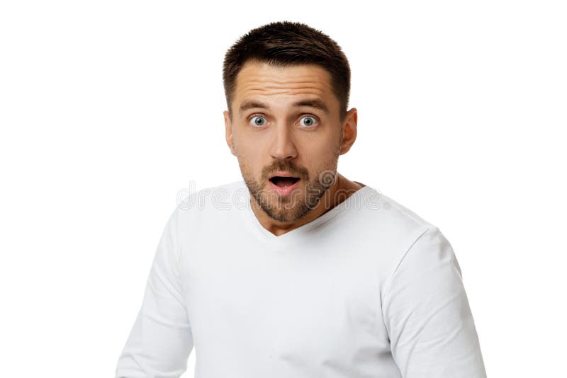 Surprised Handsome Bearded Man With Shocked Facial Expression Stock