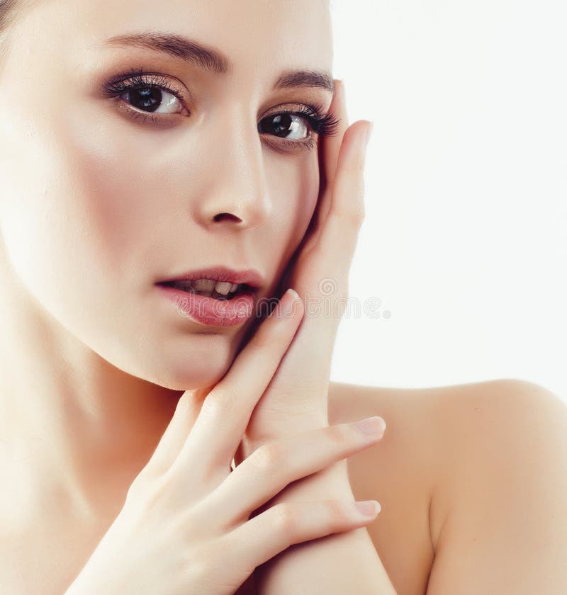 114 Young Sweet Brunette Woman Close Up Isolated White Background Perfect Pure Innocense