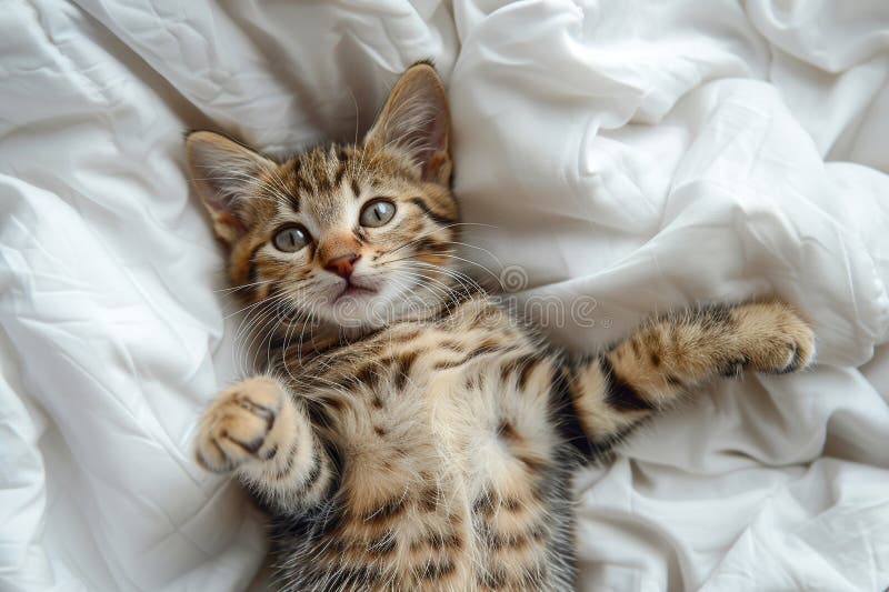 Young Tabby Cat Lying on His Back on a Soft White Bed, Top View Stock ...