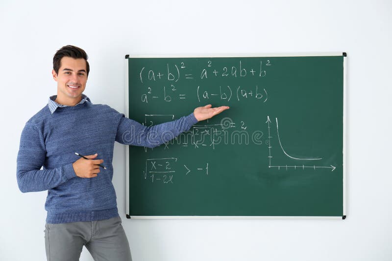 Young Teacher Explaining Math Formulas Written on Chalkboard Stock ...
