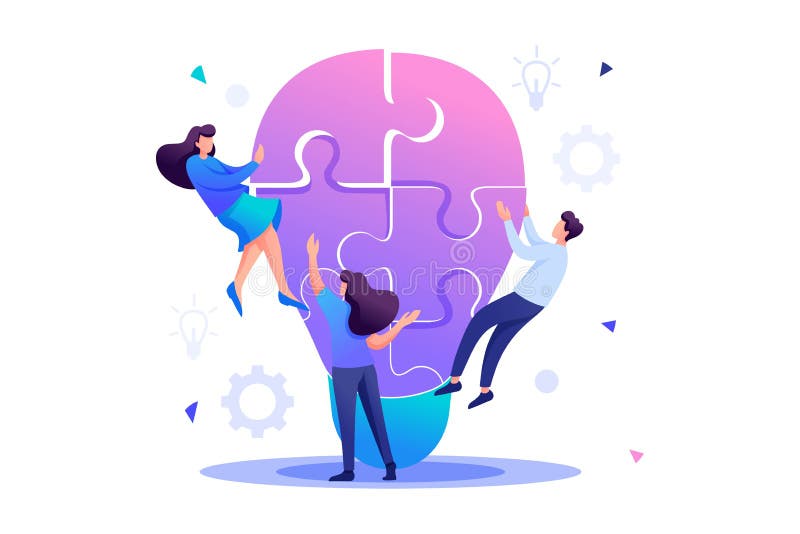 Young Team Creates an Idea, Teamwork, Brainstorm. Flat 2D Character ...