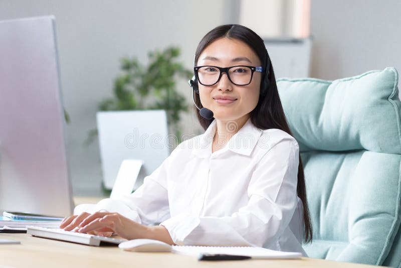 Young Tech Support Worker, Portrait Asian Business Woman Working in ...