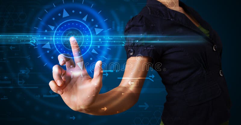 Young Tech Woman Pressing High Technology Control Panel Screen C Stock ...