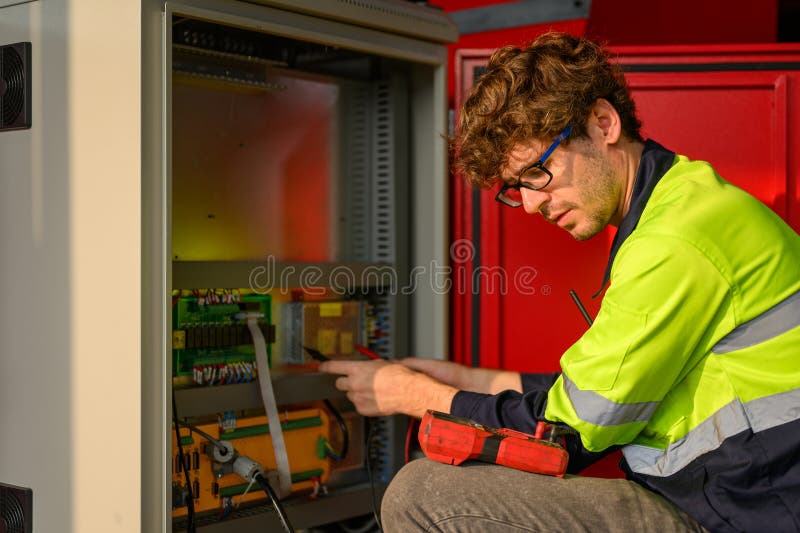 Young Technician Engineer Checking and Repairing Machine Stock Image ...