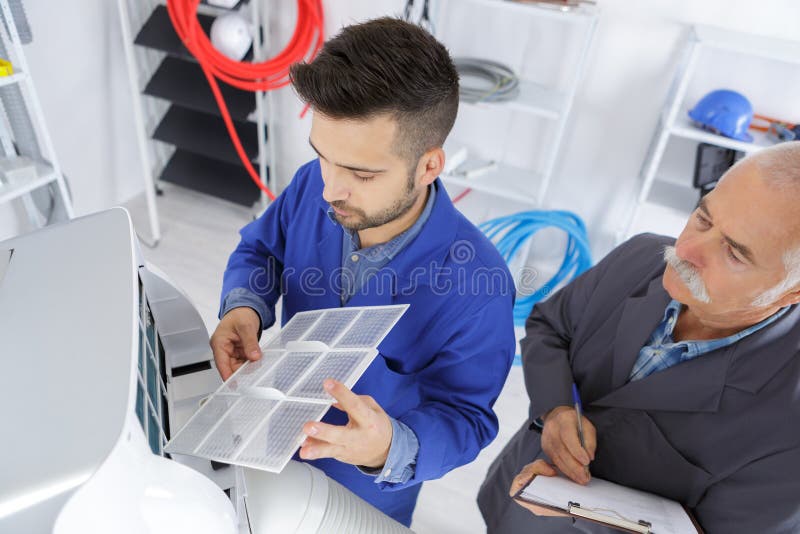 Young Technician during School Air Conditioning Instalation Test Stock ...