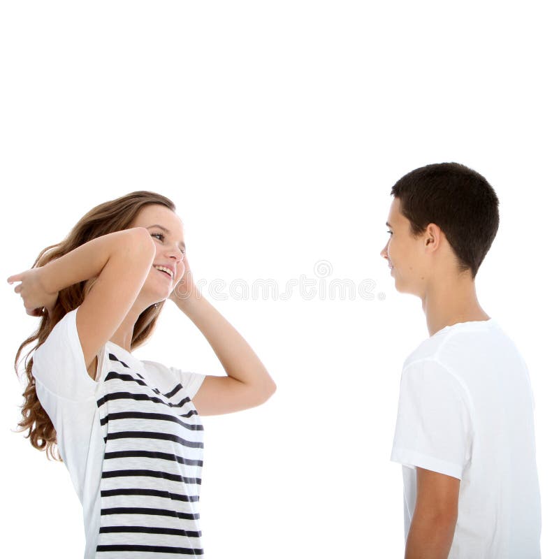 Two Teenagers on White Background Talking Stock Image - Image of ...