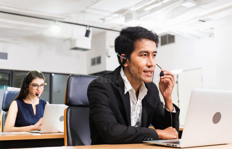 Young Telephone Operator with Headset, Customer Service Executive Team ...