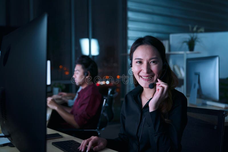 Young Thai Asian Customer Services Care Operators Working Night Shift ...