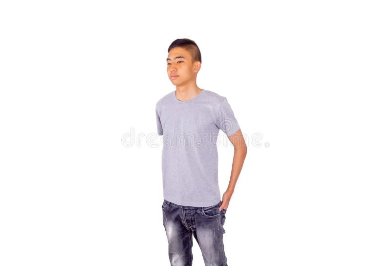 Young and Thin Thai Boy Hands in His Back Pocket White Background Stock ...
