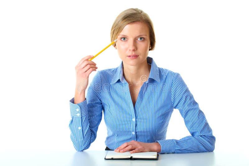 Young Thoughtful Female in Blue Shirt Isolated Stock Photo - Image of ...