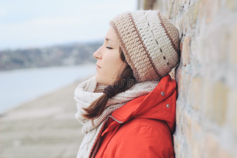 Young Thoughtful Lonely Woman in Winter Clothes Stock Image - Image of ...