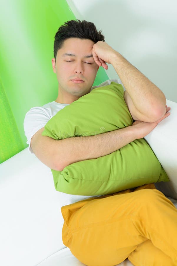 Young Tired Man Sleeping at Sofa Stock Photo - Image of break, asleep ...