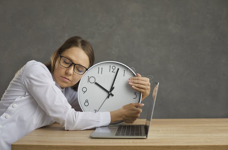 Employee Freelancer Sleeping at Work Hugging Clock at Desk Front of ...