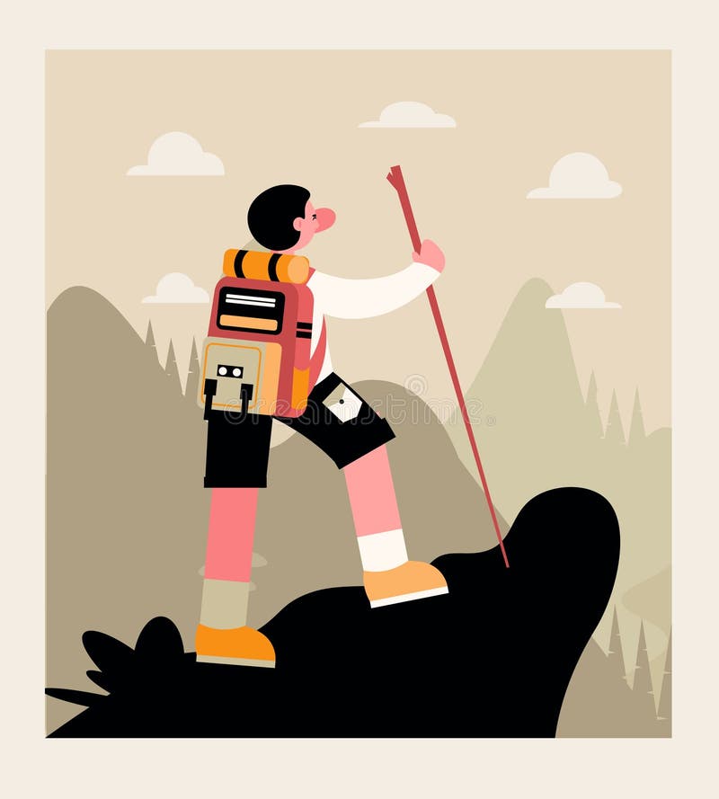 Young Tourist with Backpack Climbed Mountain and Looks Ahead, Take Rest ... Young Tourist with Backpack Climbed Mountain and Looks Ahead, Take Rest ...