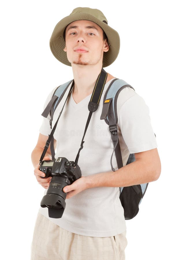 Young tourist with camera stock image. Image of male - 12440319
