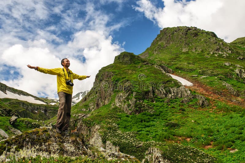 Young Tourist Resting on Top Overlooking the Valley Stock Image - Image ...