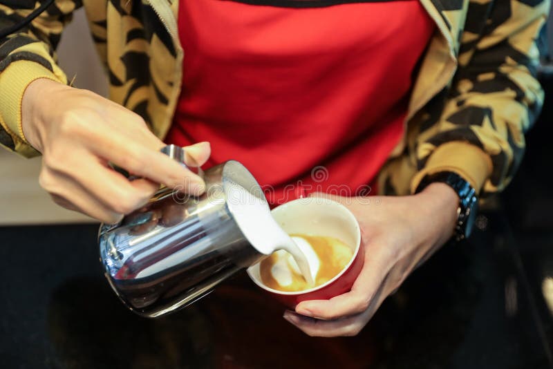 Young Trainee Barista Girl Hands Making Coffee Stock Photo - Image of ...