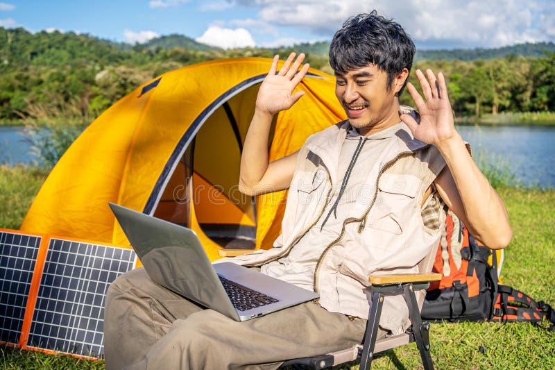 Young Travel Man Relax and Enjoy Talking Calling on Video on Laptop ...
