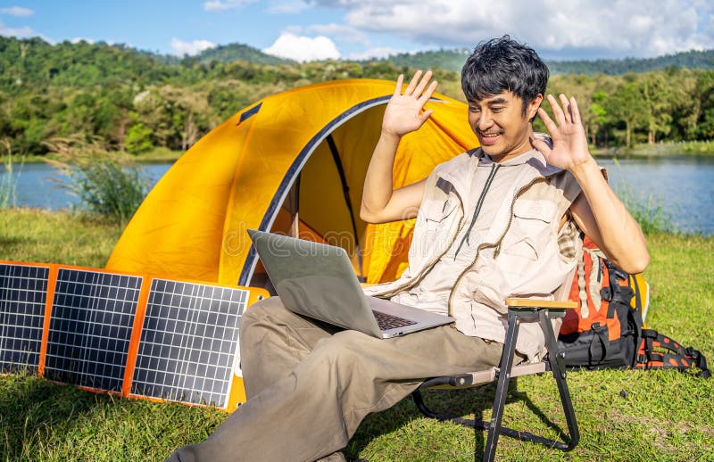 Young Travel Man Relax and Enjoy Talking Calling on Video on Laptop ...